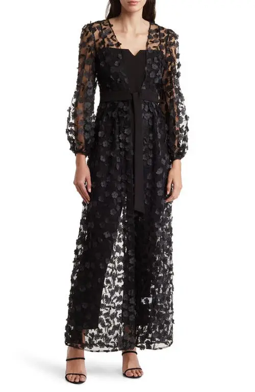 Julia Jordan Floral Overlay Jacket And Belted Jumpsuit Set - Black