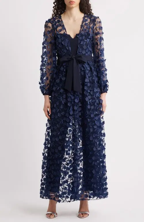 Julia Jordan Floral Overlay Jacket And Belted Jumpsuit Set - Navy