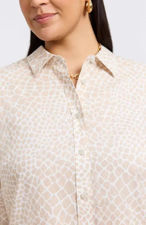 Foxcroft Meghan Giraffe Print Linen Blend Shirt - Flax/ White