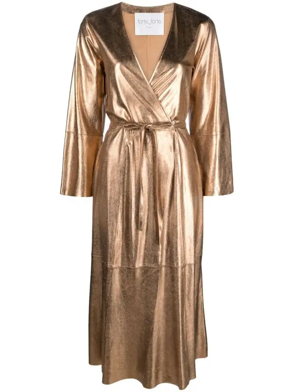 Forte_forte Metallic Leather Wrap Midi Dress In Brown - 20% Off |  Editorialist
