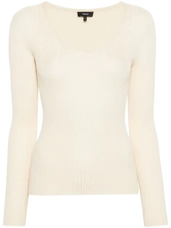 Theory Fine-ribbed V-neck Jumper - Neutrals