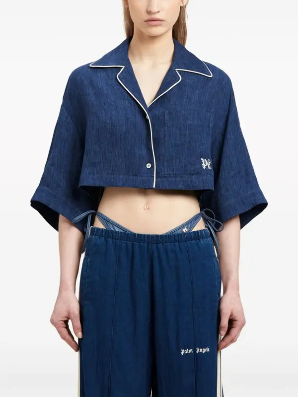 Palm Angels Monogram-embroidered Cropped Shirt - Blue
