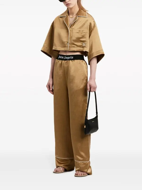 Palm Angels Monogram-embroidered Satin Cropped Shirt - Neutrals