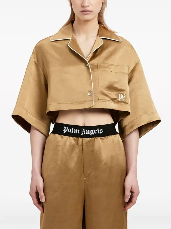 Palm Angels Monogram-embroidered Satin Cropped Shirt - Neutrals