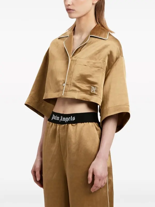 Palm Angels Monogram-embroidered Satin Cropped Shirt - Neutrals