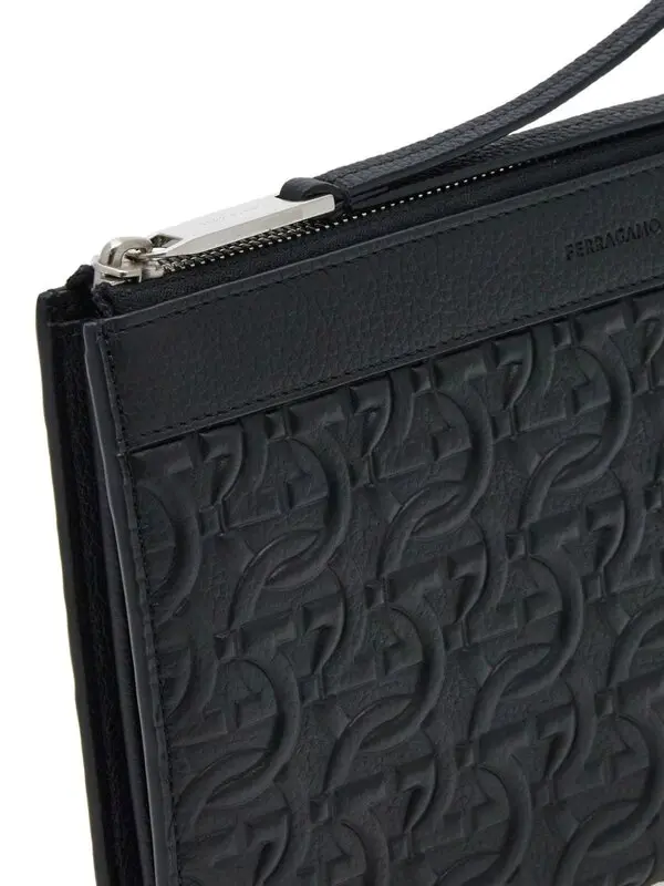 FERRAGAMO Logo-embossed Leather Wristlet - Black