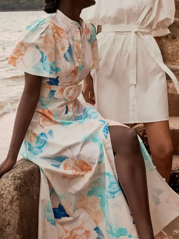 Leo Lin Bianca Rose-Print Cotton Dress - Neutrals | Editorialist
