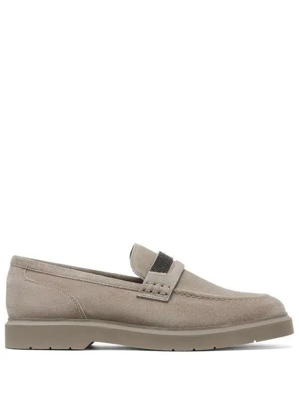 Brunello Cucinelli Suede Monili Detail Penny Loafers - Neutrals