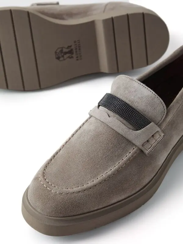 Brunello Cucinelli Suede Monili Detail Penny Loafers - Neutrals
