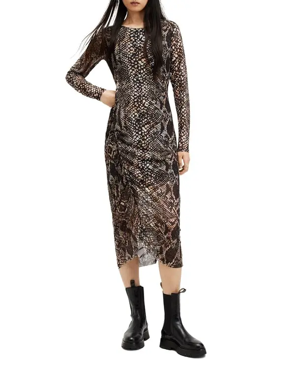 allsaints long sleeve dress AllSaints Katlyn Mars long sleeve printed maxi dress in rust brown