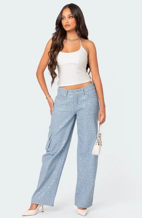 EDIKTED Icing Sequin Low Rise Cargo Jeans