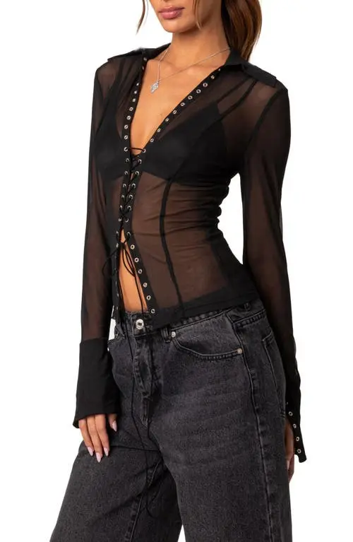 EDIKTED Lace-up Mesh Top