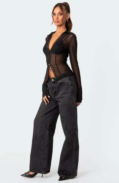 EDIKTED Lace-up Mesh Top