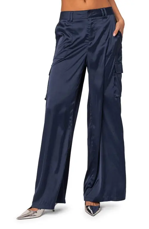 EDIKTED Kelsey Baggy Satin Cargo Pants - Navy