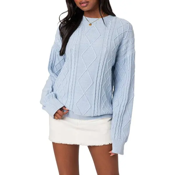 EDIKTED Jessy Cable Stitch Oversized Sweater - Light-blue
