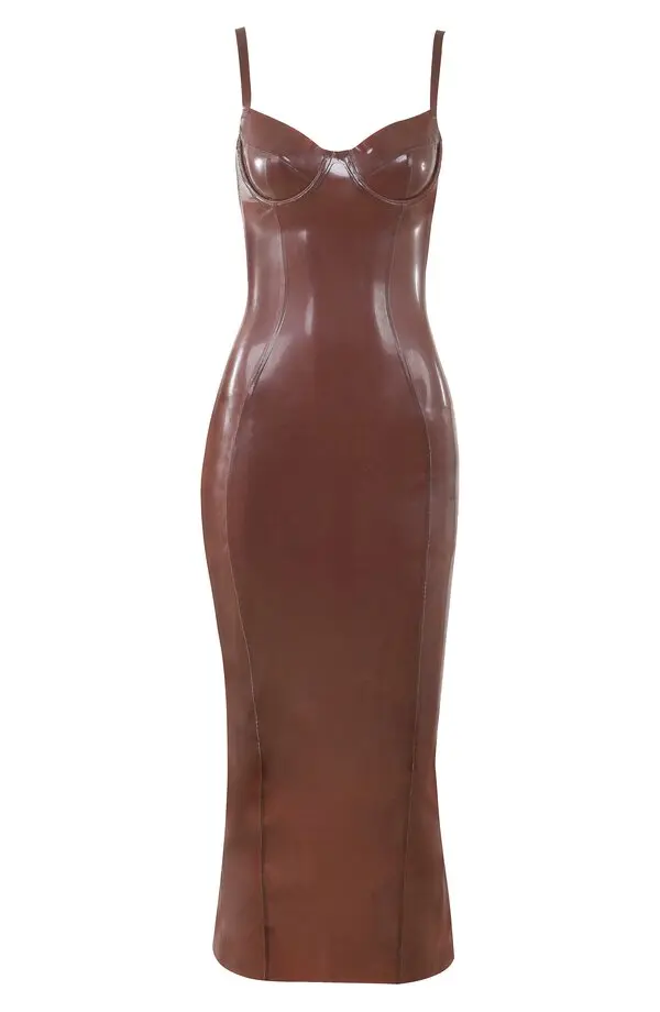 House Of Cb Maura Latex Body-Con Midi Dress - Chocolate Brown | Editorialist