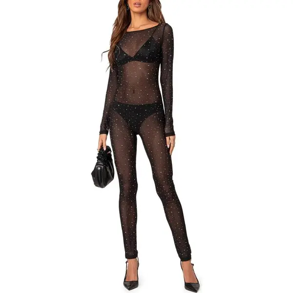 EDIKTED Kristine Rhinestone Mesh Jumpsuit - Black