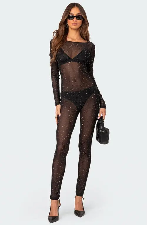 EDIKTED Kristine Rhinestone Mesh Jumpsuit