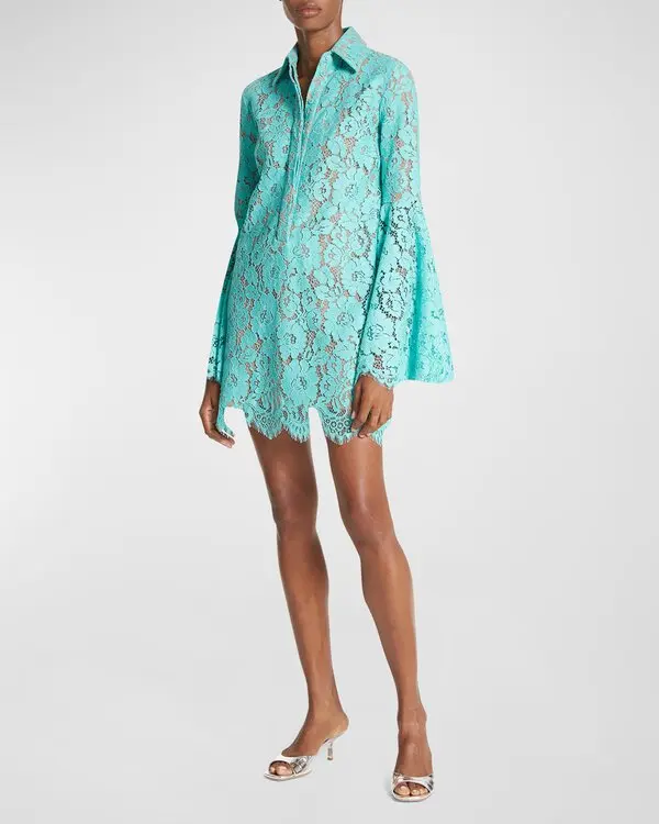 Michael Kors Floral Lace Flare-Sleeve Mini Shirtdress Seafoam