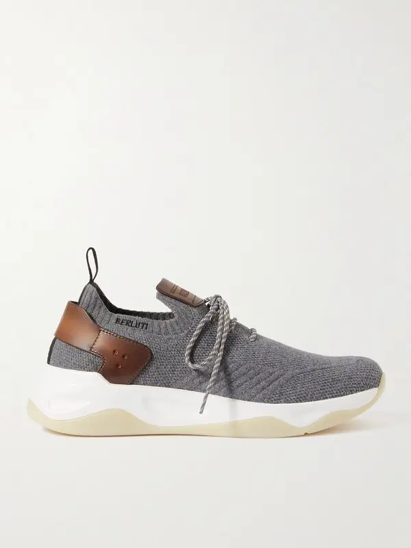 Berluti Shadow Venezia Leather-trimmed Stretch-knit Sneakers - Gray