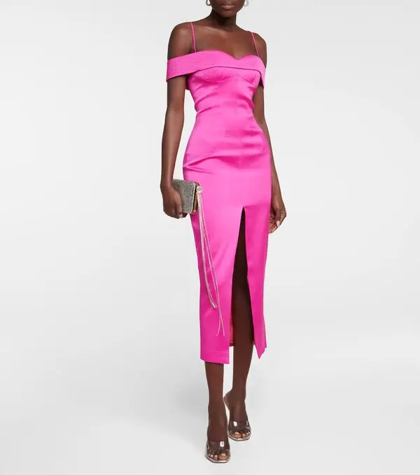 RASARIO Off-shoulder Satin Midi Dress - Pink