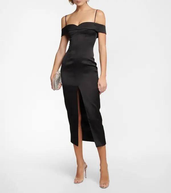 RASARIO Off-shoulder Satin Midi Dress - Black
