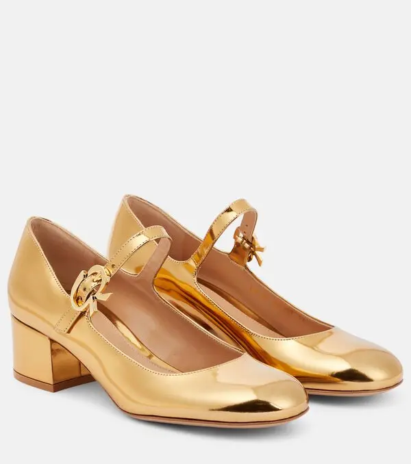GIANVITO ROSSI Mary Ribbon Metallic Leather Pumps