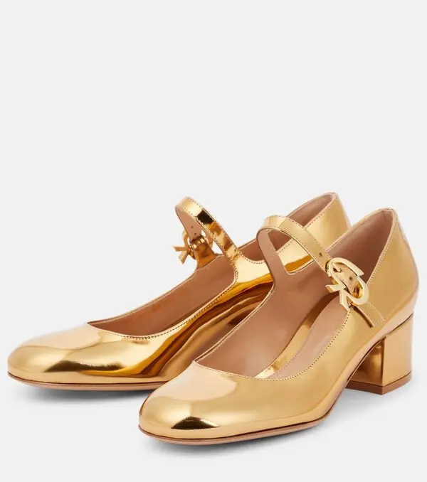 GIANVITO ROSSI Mary Ribbon Metallic Leather Pumps