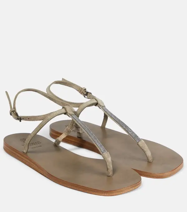 Brunello Cucinelli Embellished Suede Thong Sandals - Beige