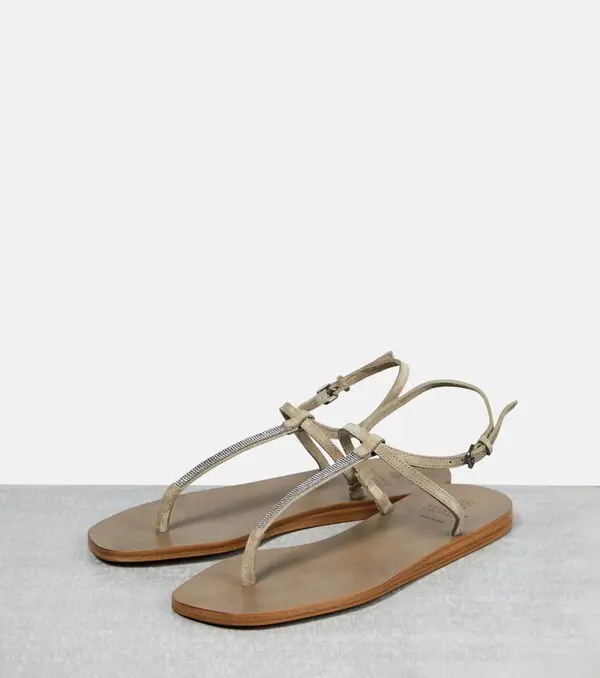 Brunello Cucinelli Embellished Suede Thong Sandals