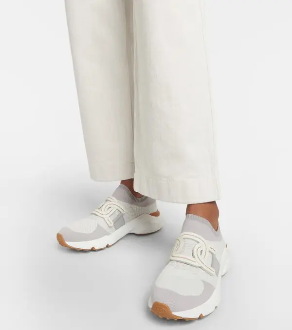 TOD'S Leather-trimmed Knit Sneakers - Grey