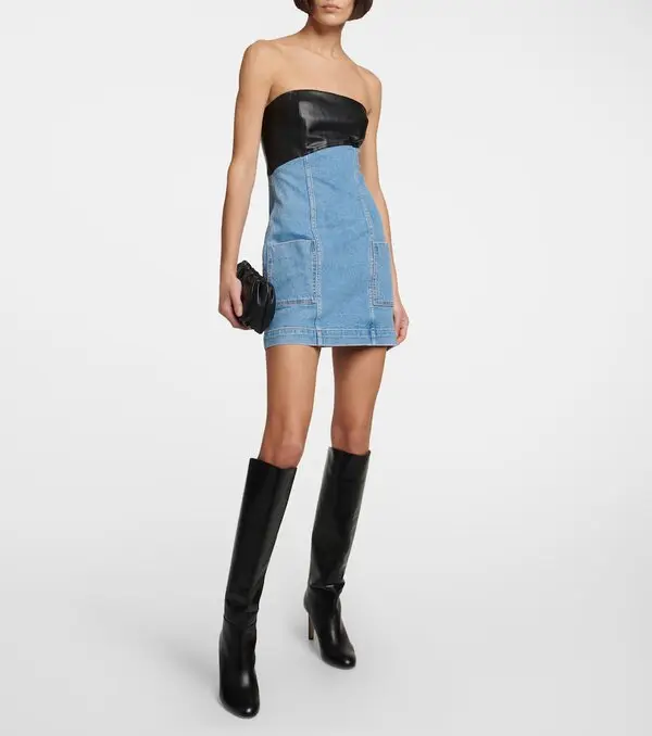 Staud Denim And Faux Leather Mini Dress In Blue - 30% Off | Editorialist
