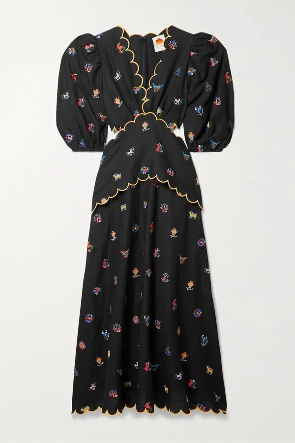 Farm Rio Cutout Scalloped Embroidered Linen-Blend Midi Dress In Black - 40%  Off | Editorialist