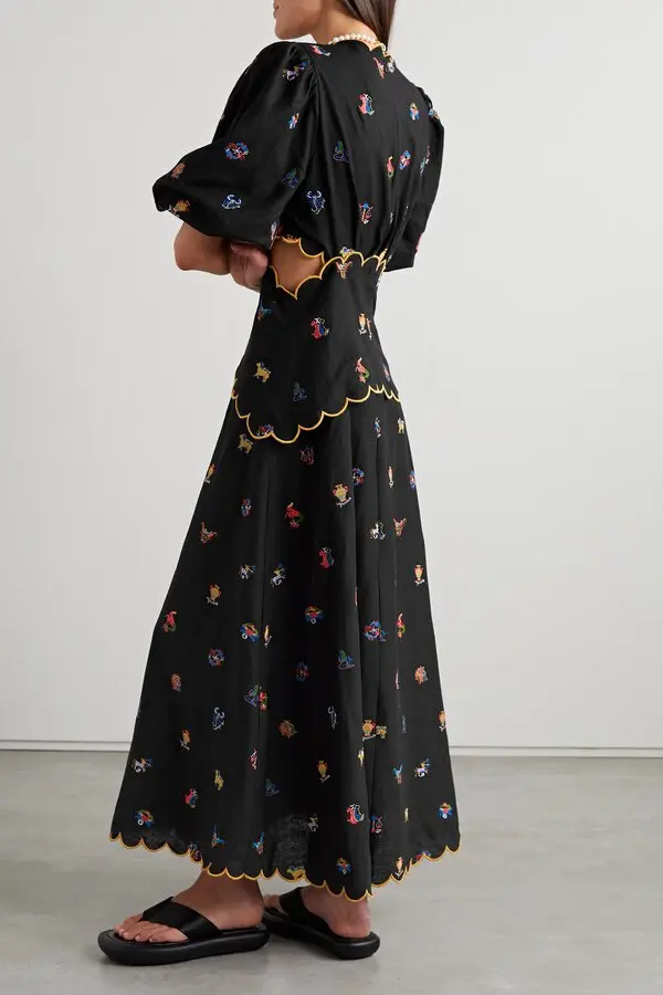 Farm Rio Cutout Scalloped Embroidered Linen-Blend Midi Dress In Black - 40%  Off | Editorialist