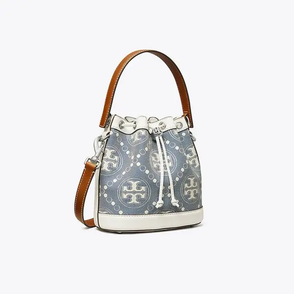 Tory Burch T Monogram Denim Bucket Bag - Pearl Blue