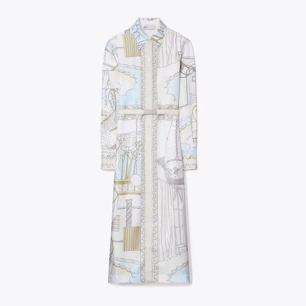 Tory Burch Printed Silk Shirtdress - The Pool Beige