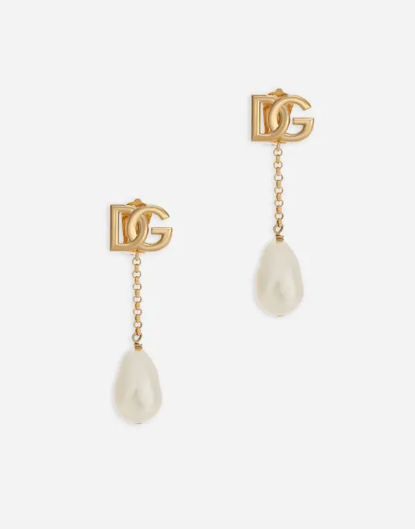 Dolce & Gabbana Drop Earrings With Pearls And Dg Logo - Gold