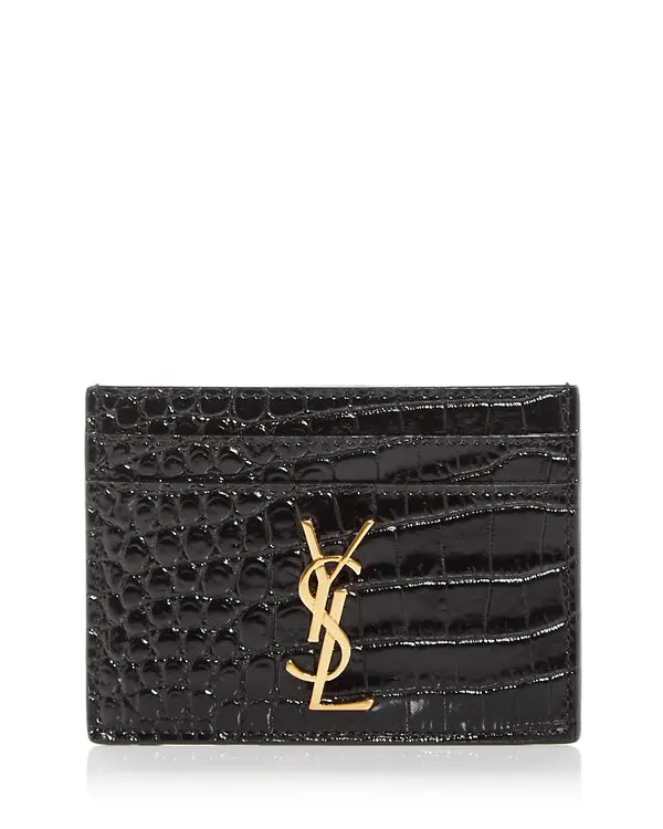 Saint Laurent Cassandre Matelasse Card Case - Black Shiny Croc/gold