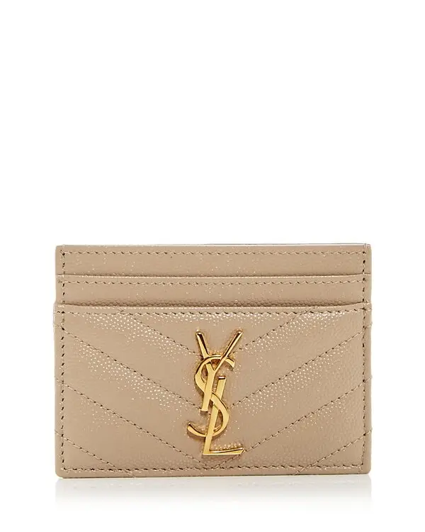 Saint Laurent Cassandre Matelasse Card Case - Dark Beige Grain Leather/gold