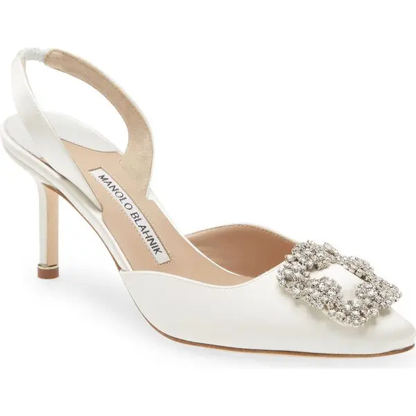 Manolo Blahnik Hangisli Crystal Buckle Slingback Pumps - Cream 1205