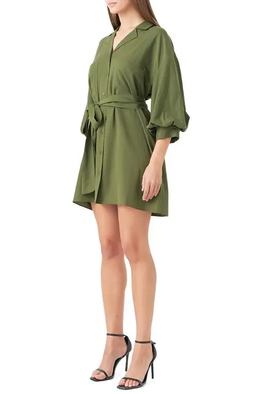 Endless Rose Tie Waist Mini Shirt Dress - Olive