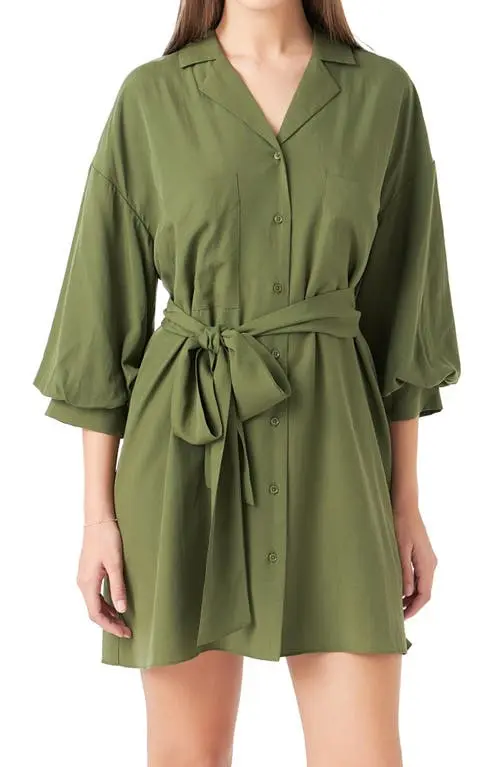 Endless Rose Tie Waist Mini Shirt Dress - Olive