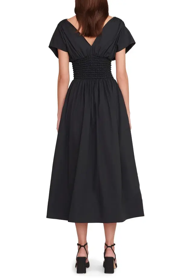 staud fit and flare dress Staud Wells Stretch Cotton Poplin Midi Fit & Flare Dress In Blue