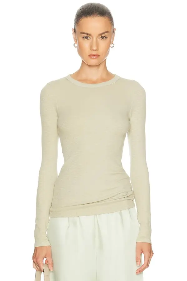 Enza Costa Textured Rib Long Sleeve Crewneck Top - Beach Glass