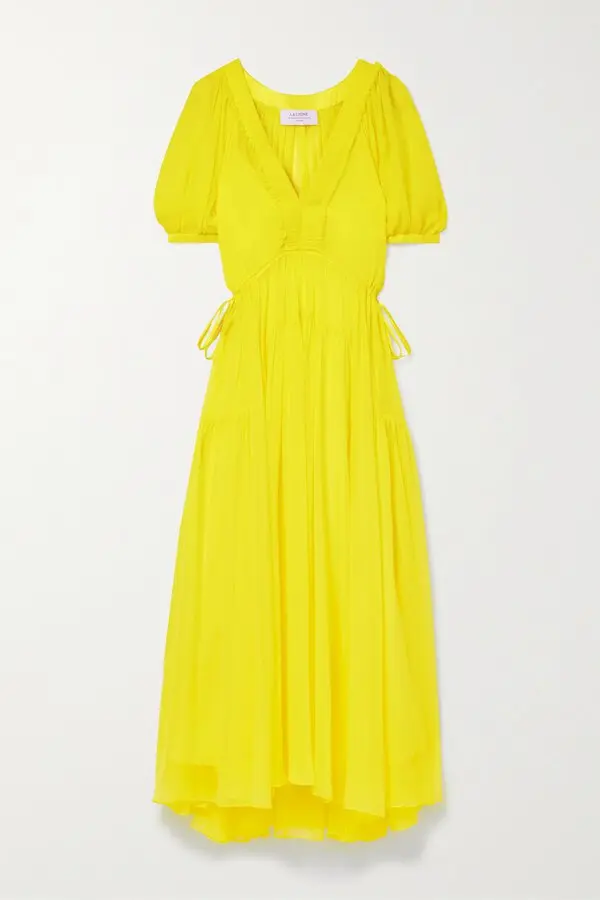 La Ligne Constance Shirred Silk-Chiffon Midi Dress - Yellow