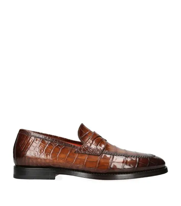 Santoni Carlos Crocodile Leather Penny Loafers - Beige