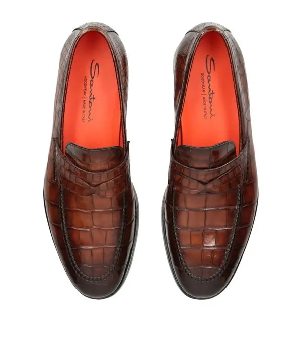Santoni Carlos Crocodile Leather Penny Loafers - Beige