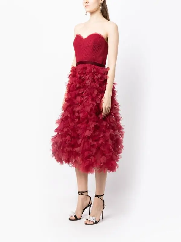 Marchesa Strapless Ruffled Midi Dress