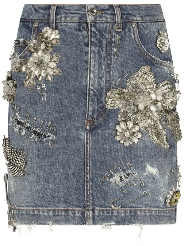 Dolce & Gabbana Embellished Patchwork Denim Miniskirt - Blue
