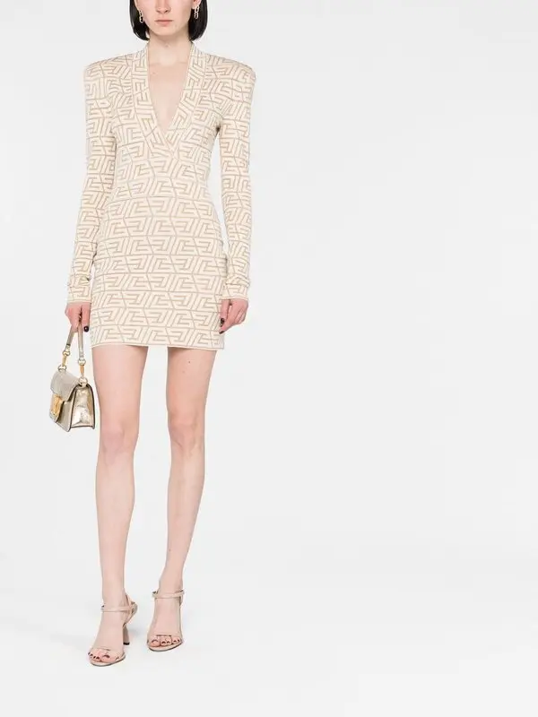 Balmain Monogram-jacquard Mini Dress - Neutrals